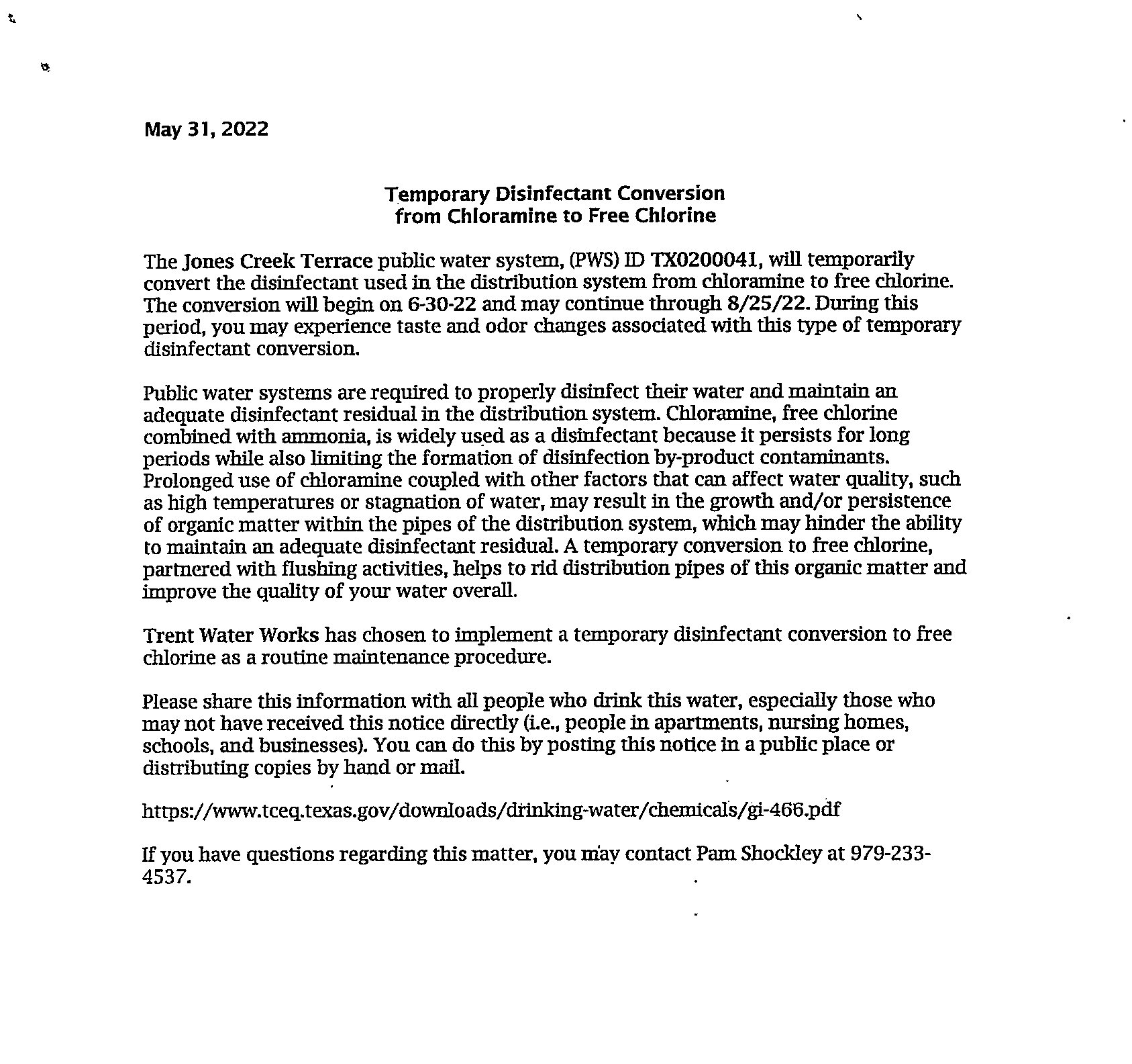 Trent Water Works Notice of Temporary Disinfectant Conversion | Jones ...